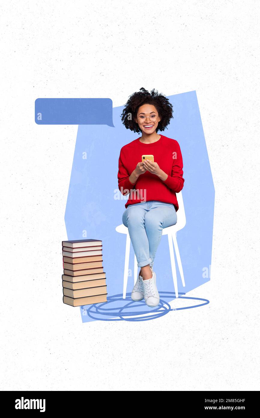 Vertical collage image of positive girl sit chair use telephone typing ...