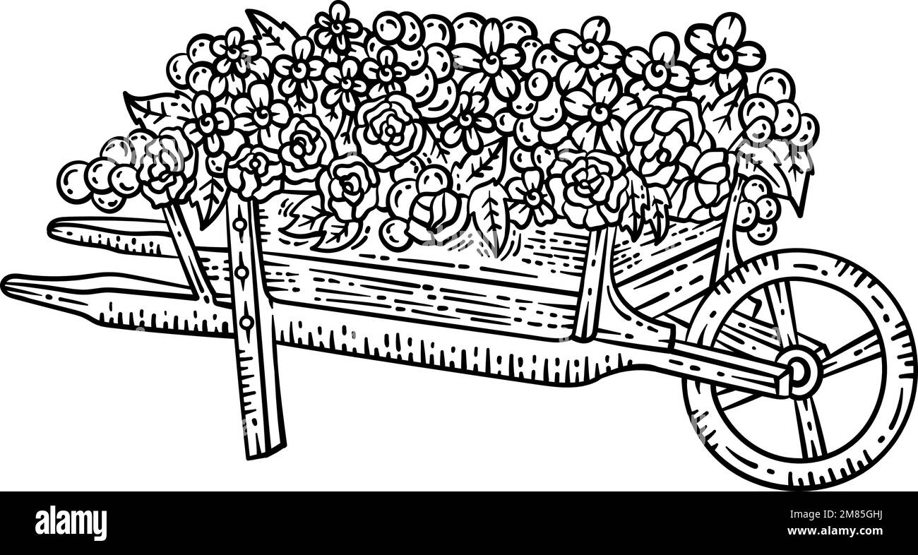 Wheelbarrow Flowers Spring Coloring Page for Adult Stock Vector Image ...