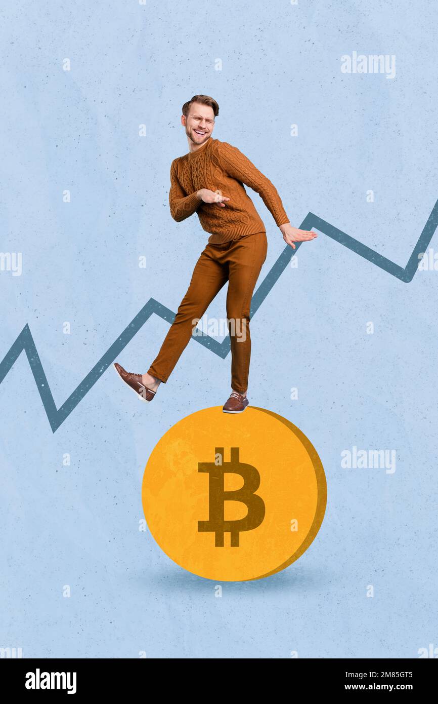 Vertical collage image of excited positive small guy stand big bitcoin ...