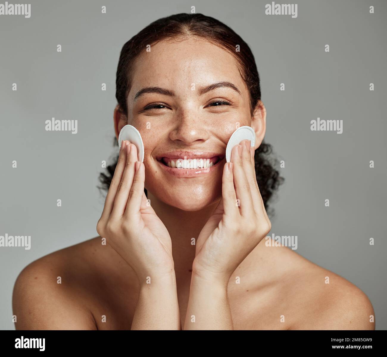 Skincare, beauty and portrait of a woman with cotton for face acne ...