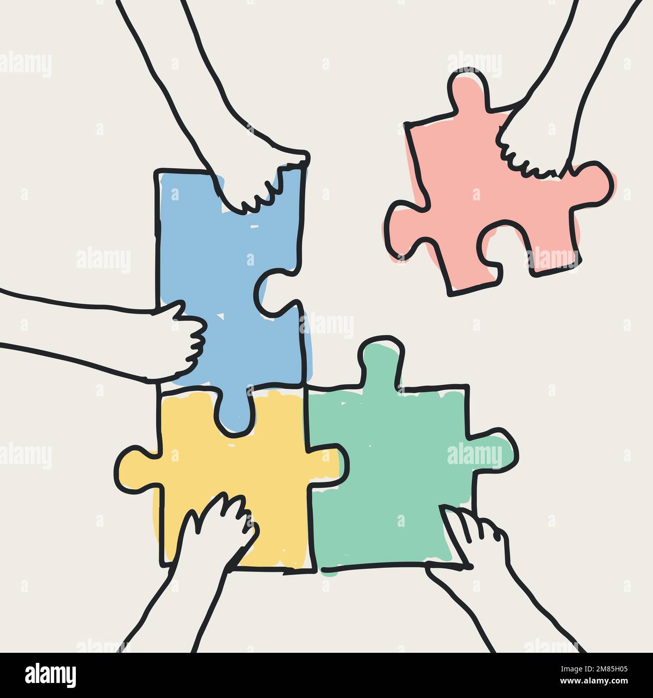Teamwork doodle vector hands connecting puzzle jigsaw Stock Vector ...