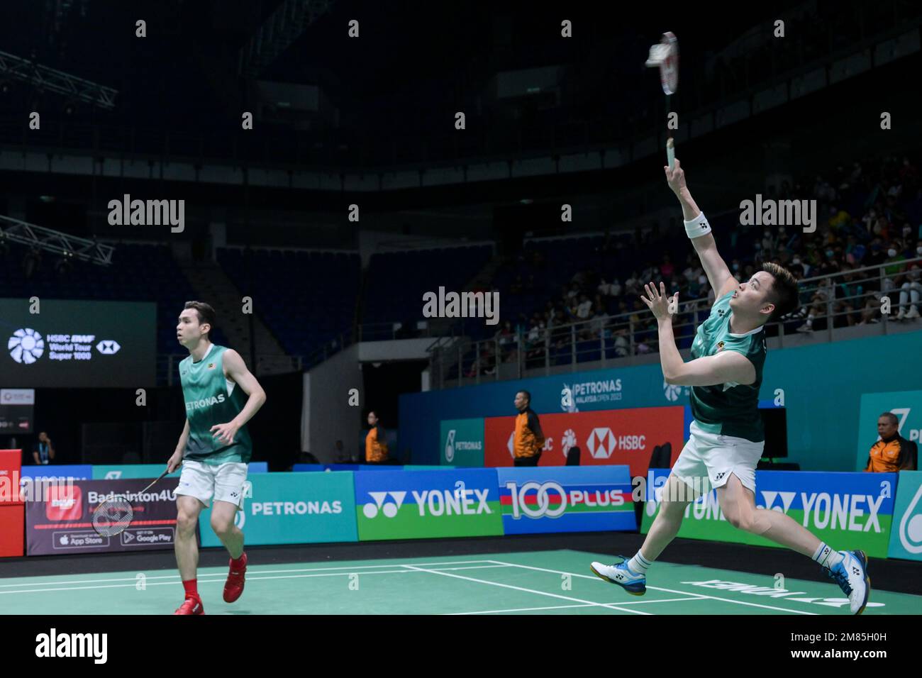 Kuala Lumpur, Malaysia. 12th Jan, 2023. Malaysia's Aaron Chia (R)/Soh Wooi Yik compete during ...