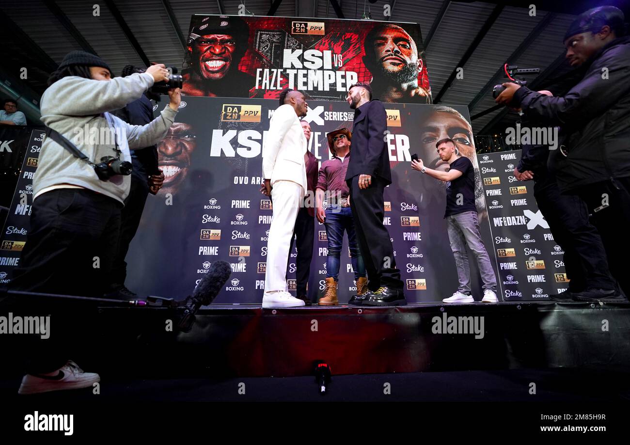 KSI (left) and FaZe Temperrr face off during a press conference at ...