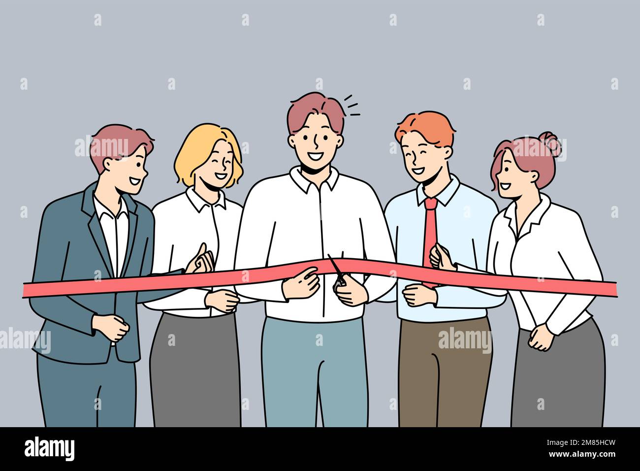 Excited business team cut ribbon open office or enterprise together ...