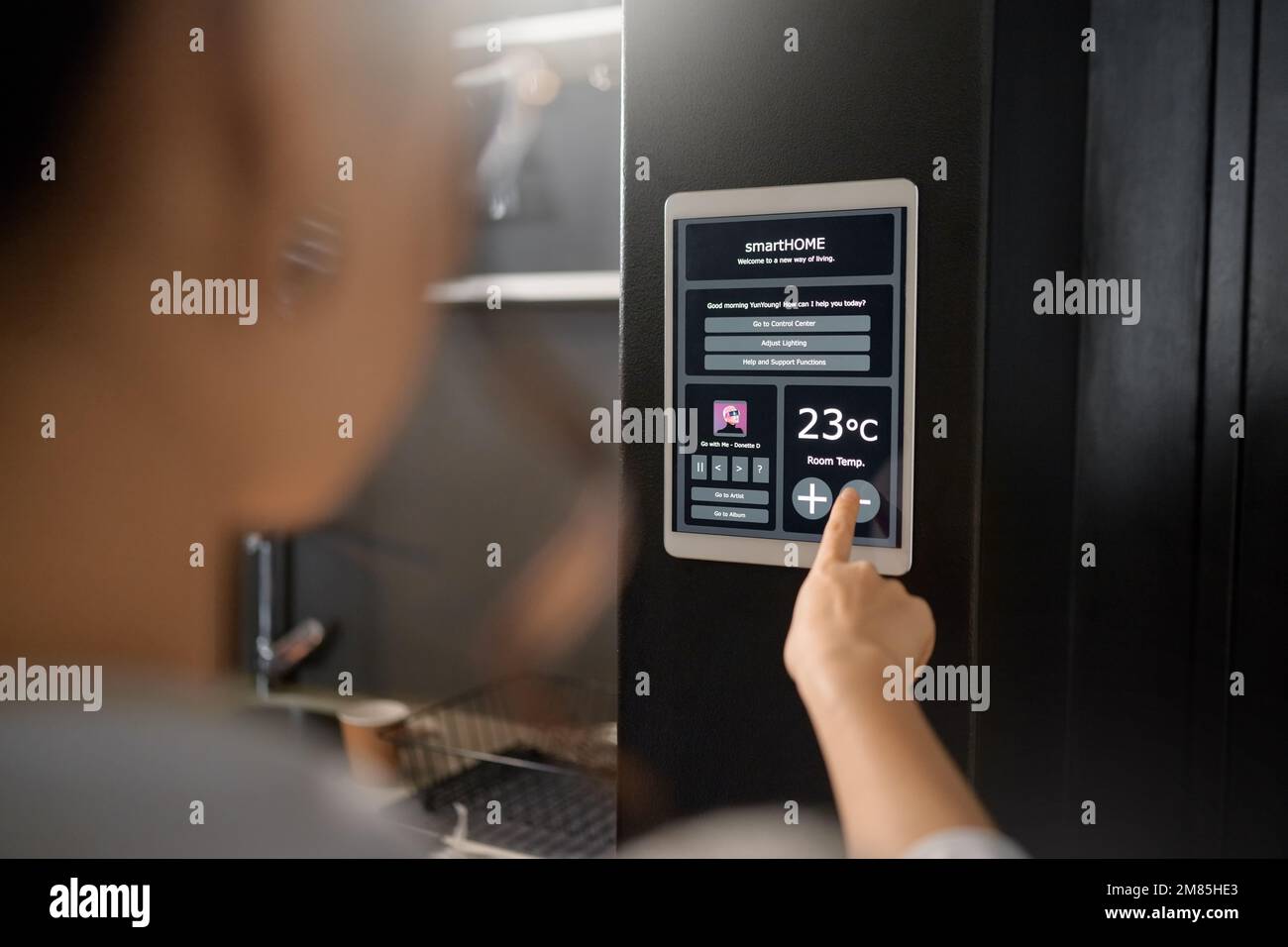 Smart home, IOT wall system and woman with digital app monitor for ...