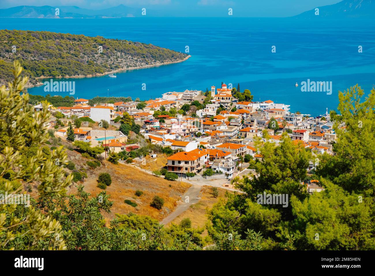an aerial view of Palaia Epidavros, in the Aegean sea, Greece, on a ...