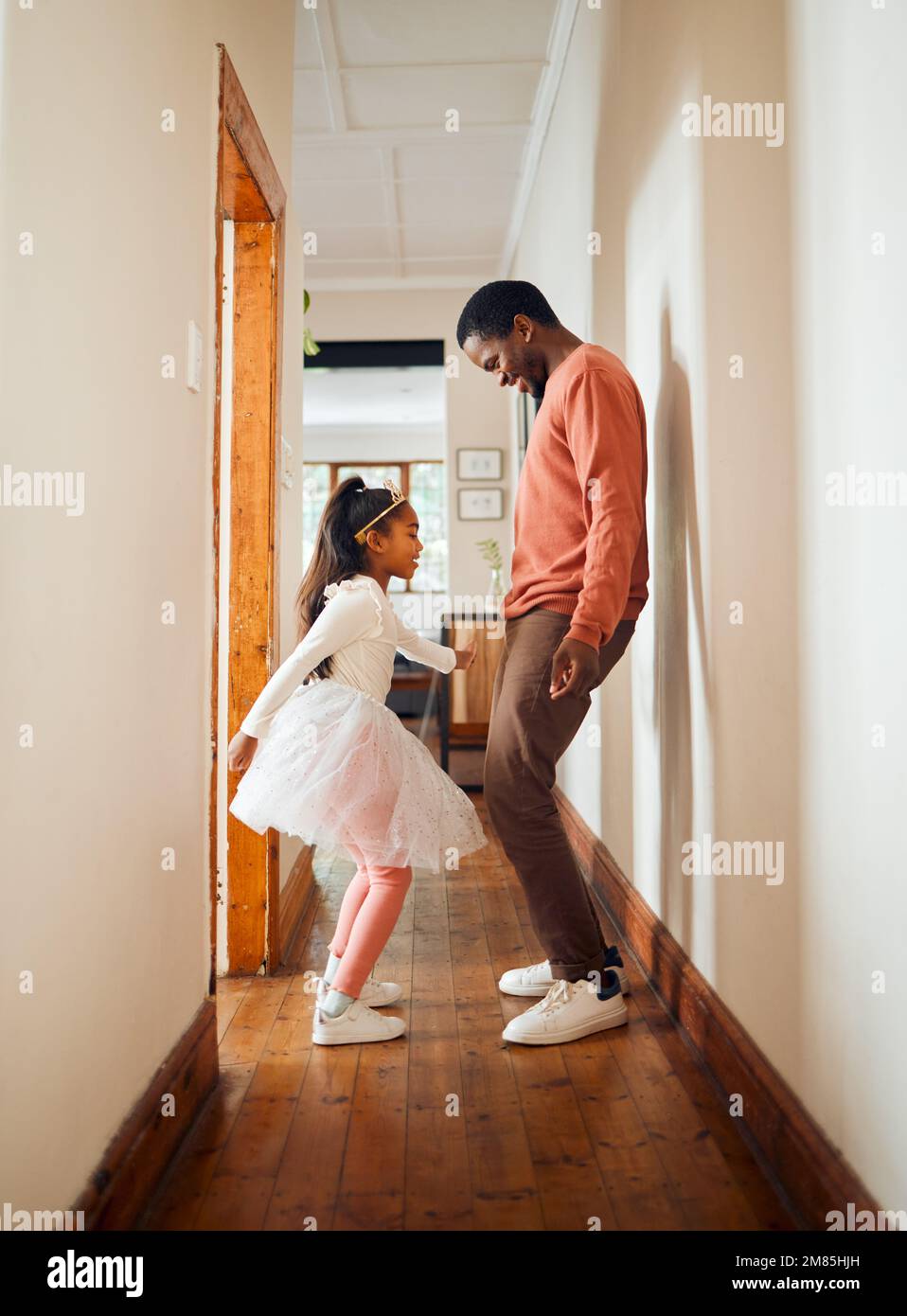 Dance, happy and ballet with father and daughter learning, support and ...