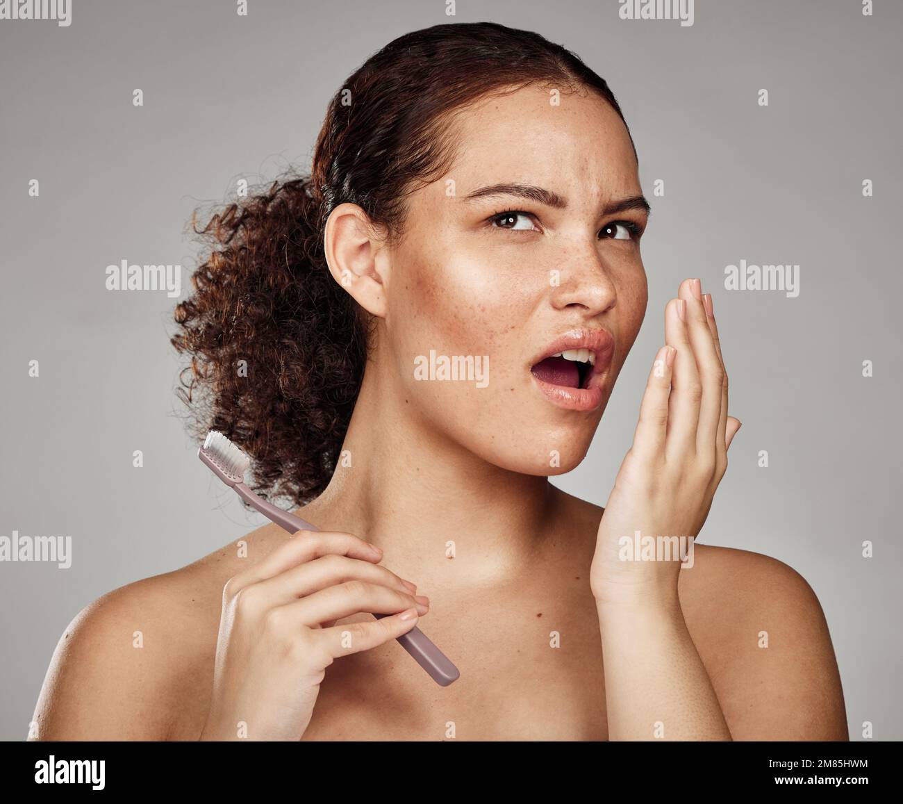 Woman, bad breath and smelling mouth for dental problem, odor and poor ...