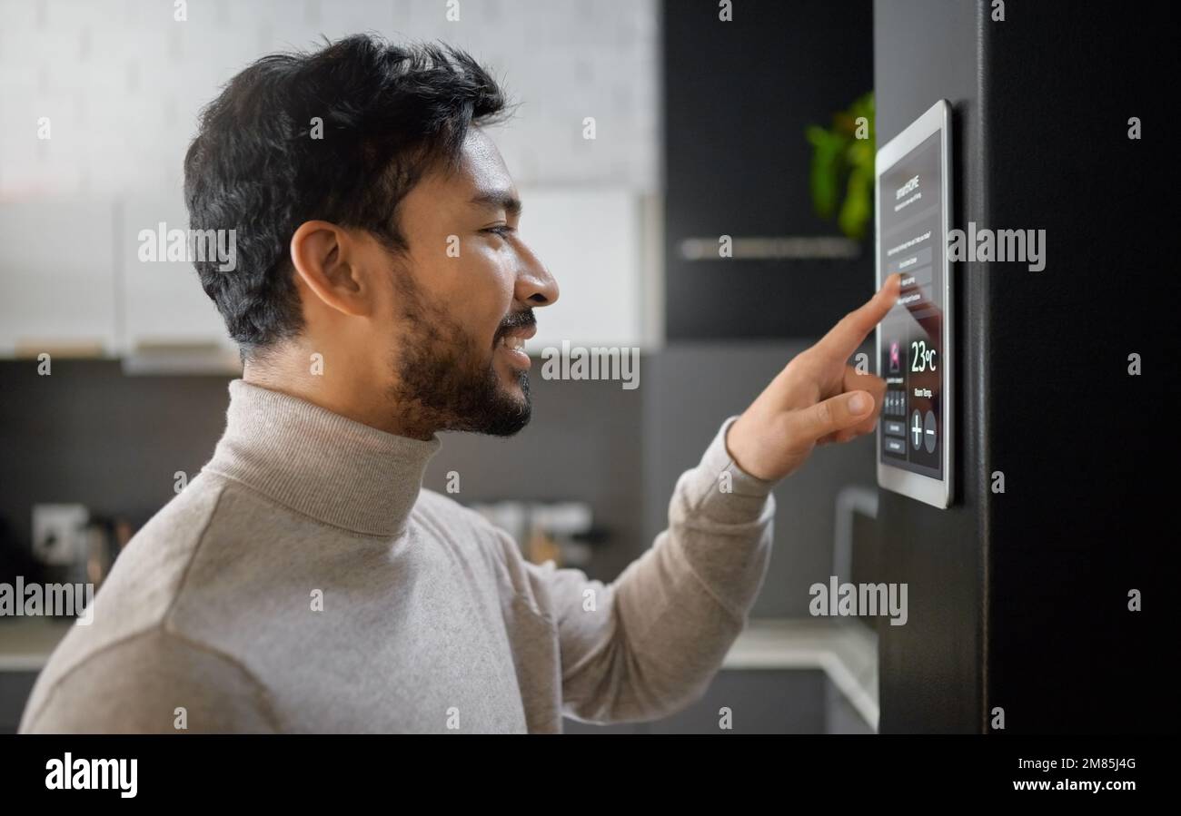 Smart home technology, wall system and man with digital ui monitor for ...