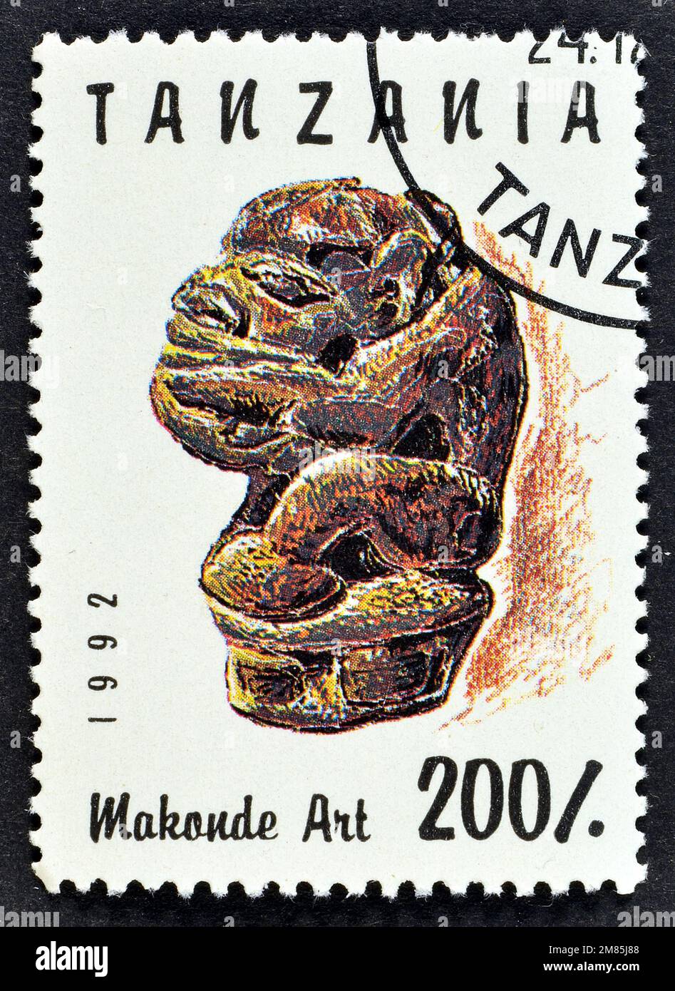 Cancelled postage stamp printed by Tanzania, that shows Makonde Art ...