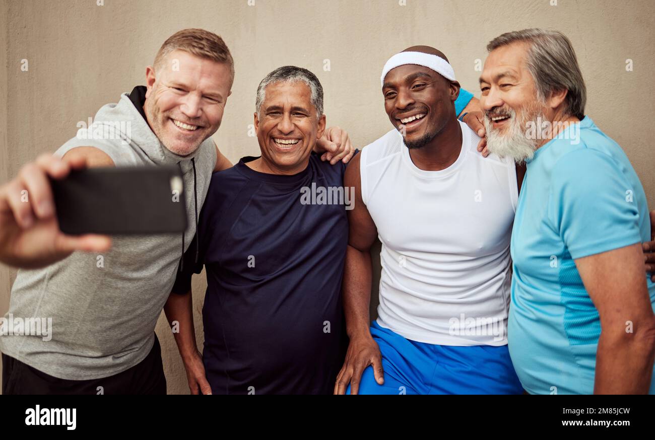 Happy men, phone selfie and exercise group with motivation of fitness ...