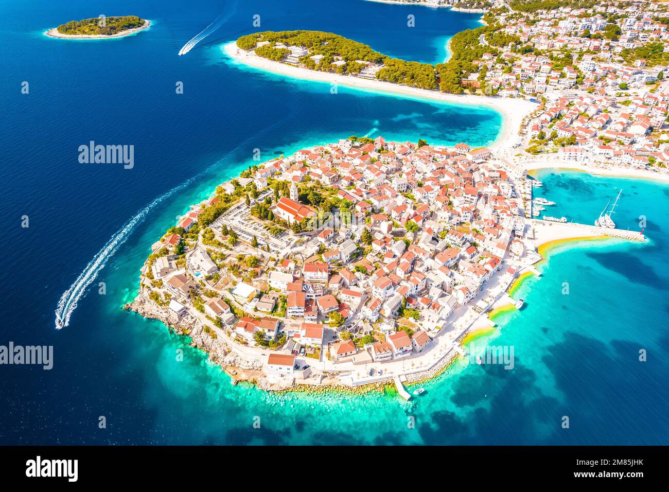 Scenic town and beaches of Primosten aerial view, turquoise archipelago ...