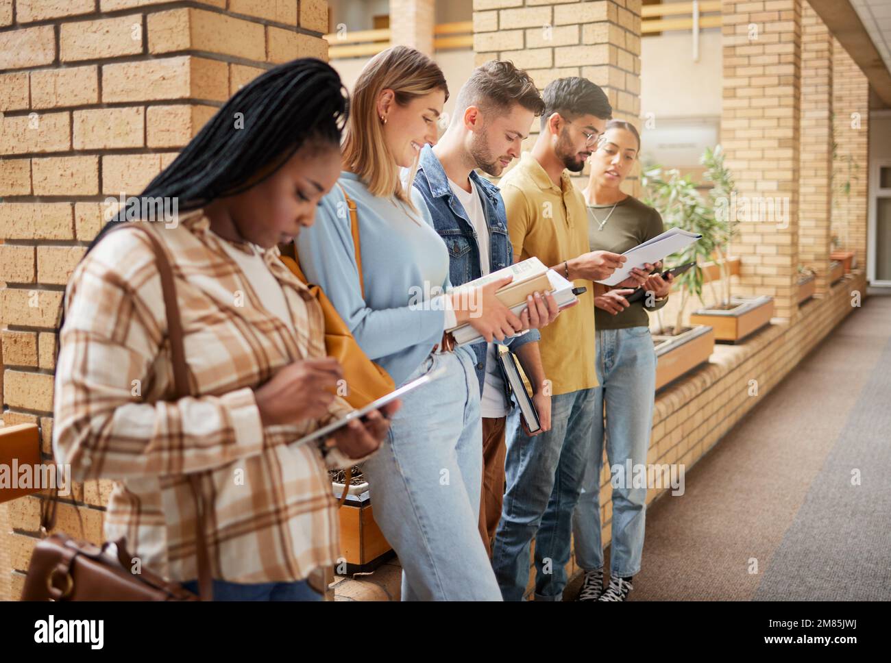 University, lobby and diversity, group of students standing in row together with books and ...