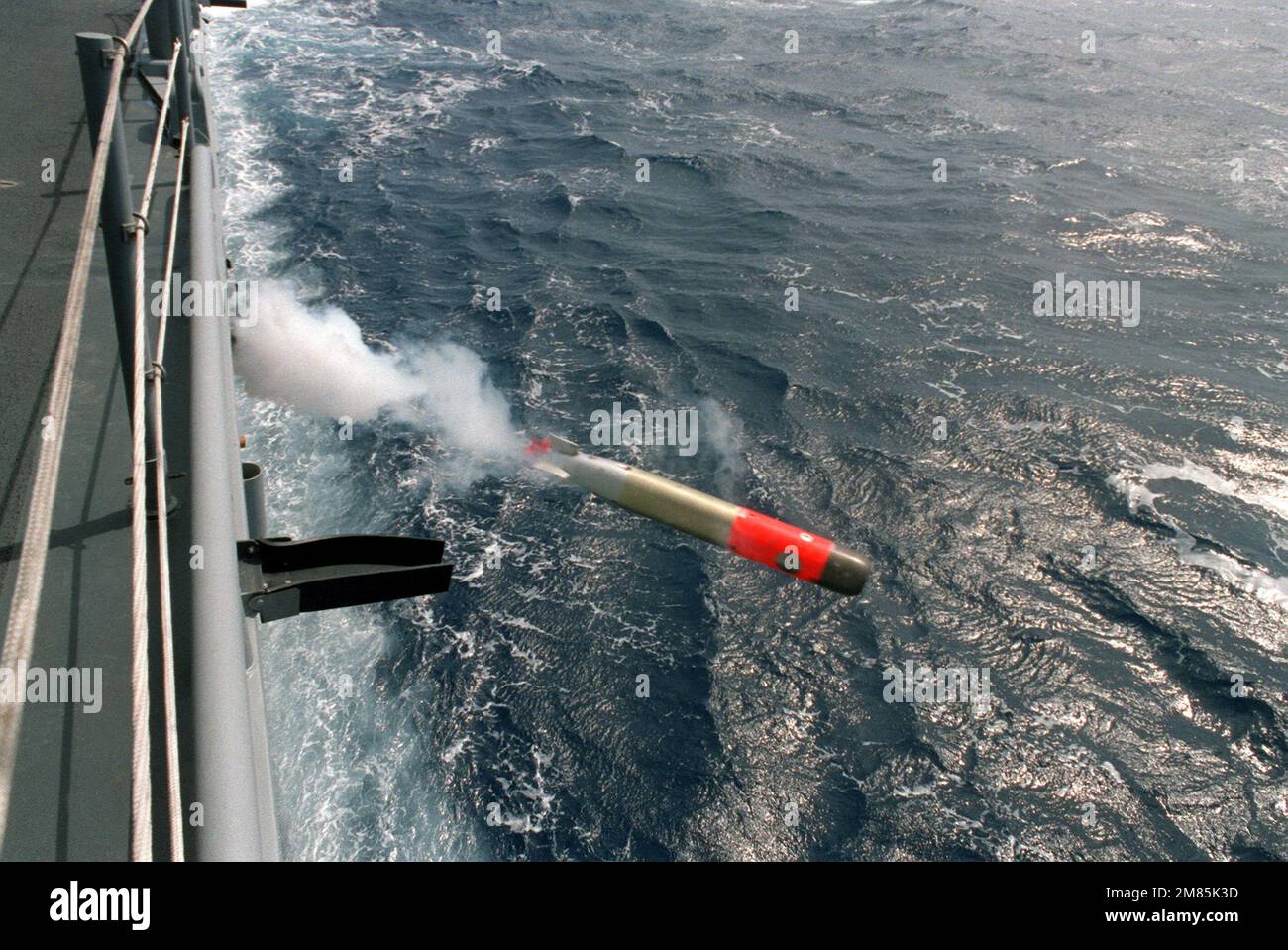 A Mark 46 torpedo is launched from a U.S. Navy Oliver Hazard Perry ...