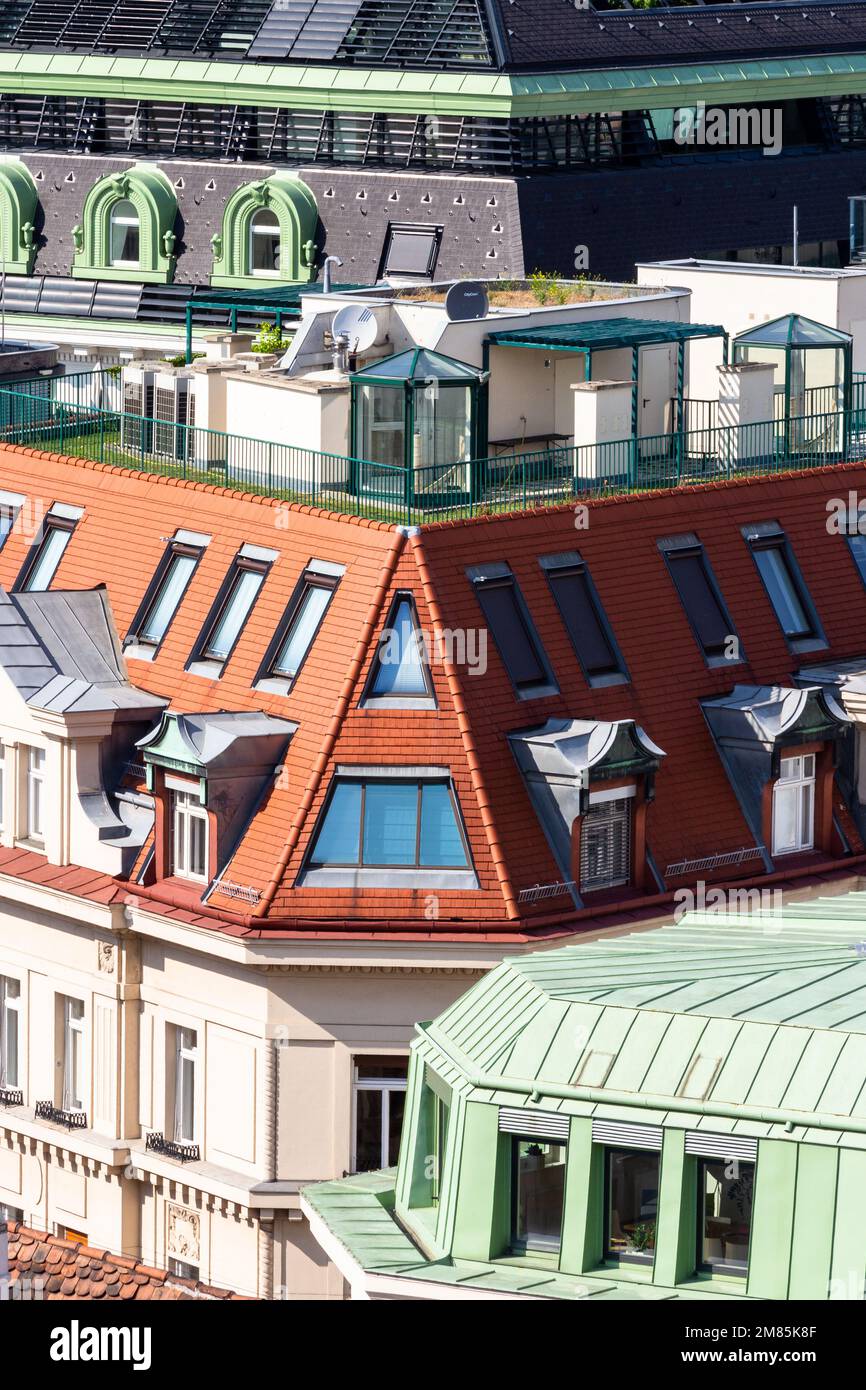Rooftops and streets of Vienna, showing the varied architecture of this ...