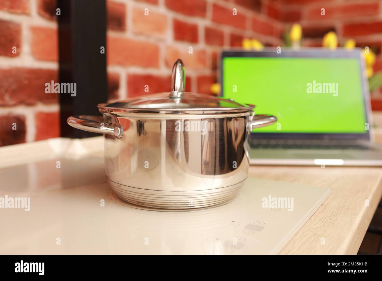 Steel saucepan on white stylish induction stove and laptop with green ...