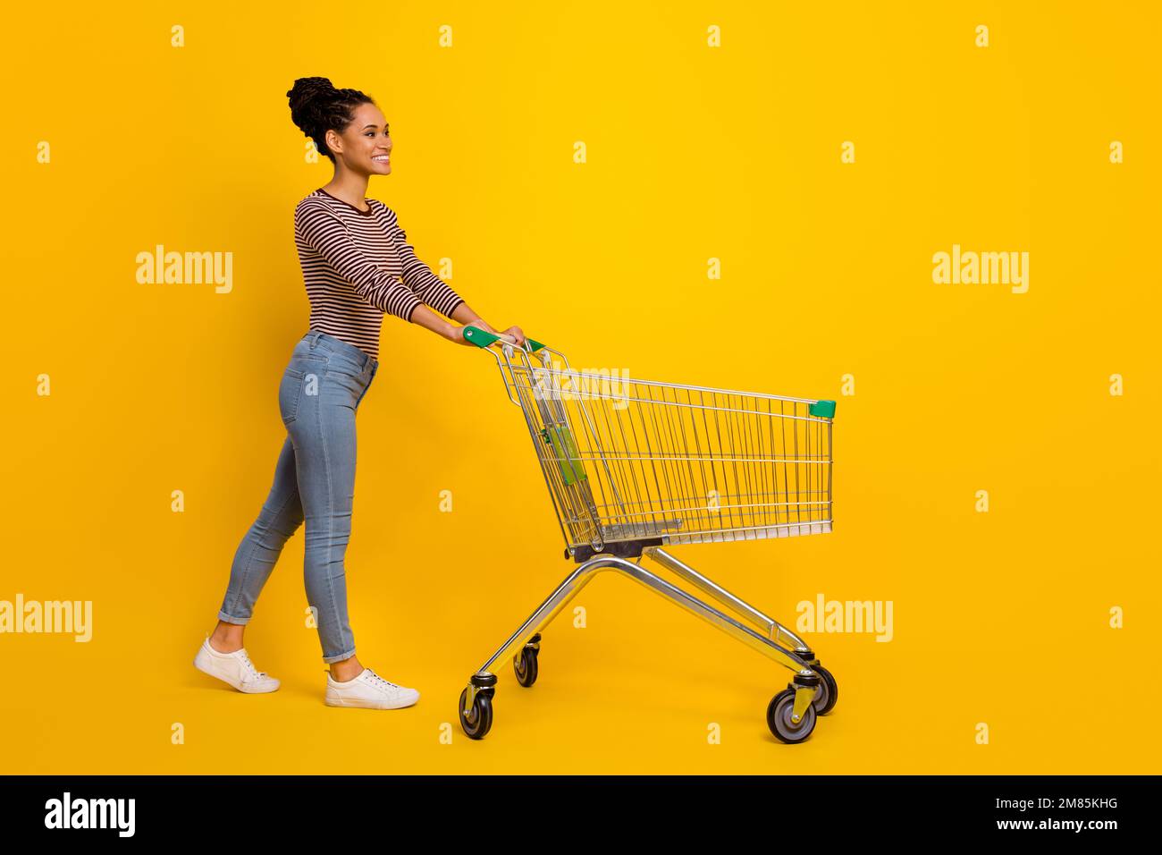 Full size profile portrait of pretty nice girl walk push market cart ...