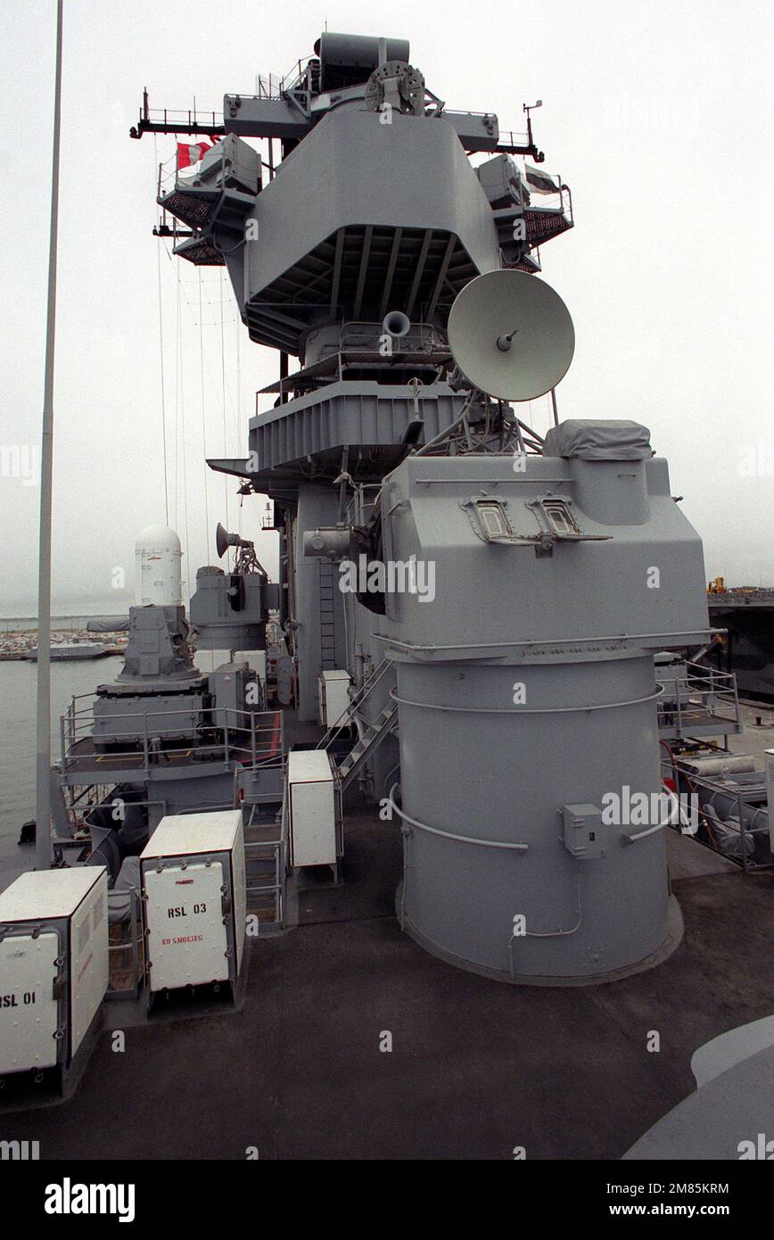 A port view of the forward upper superstructure of the battleship USS ...