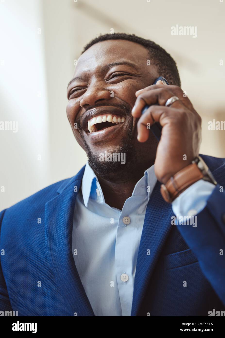 Phone call, communication and laughing with a business black man ...