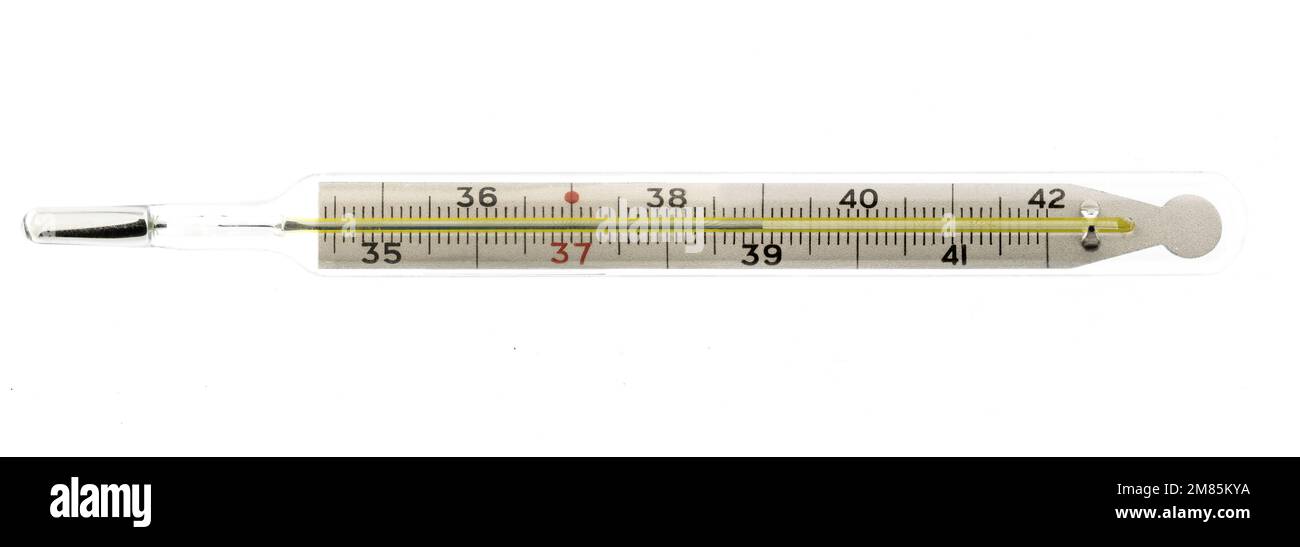 Mercury thermometer showing high temperature 39 isolated on a white ...