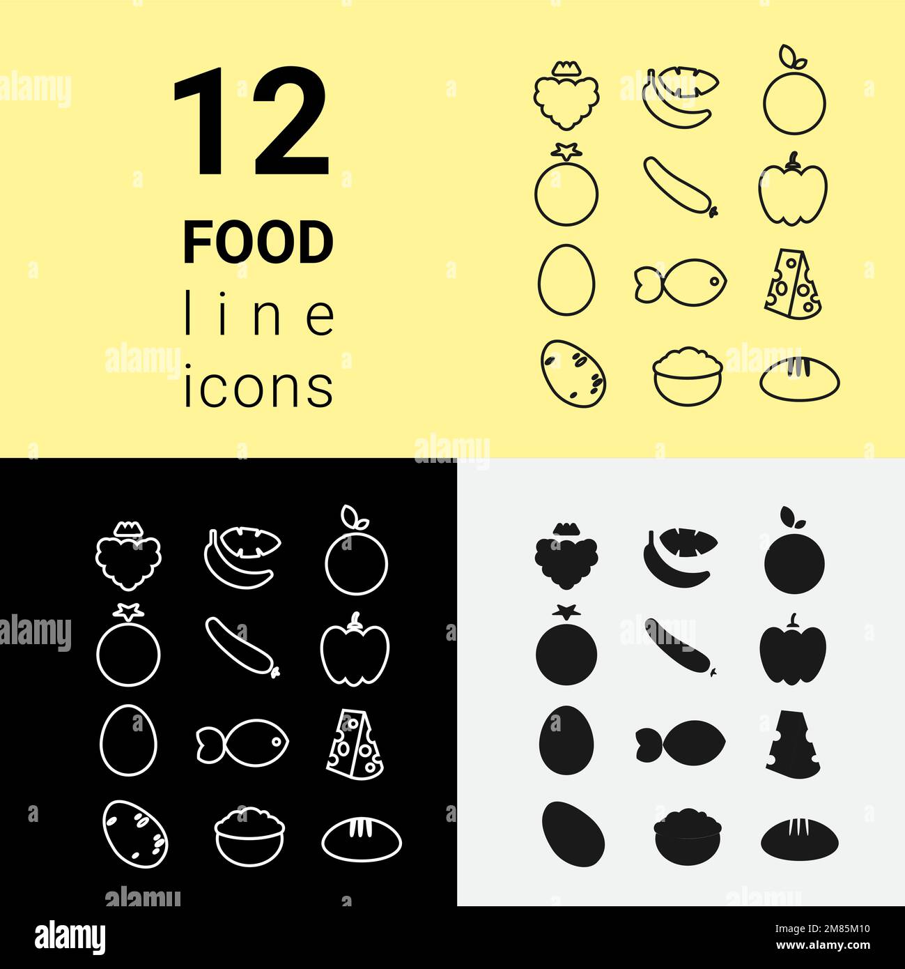 The dietary nutrition food outline icon set fruits and vegetables with ...