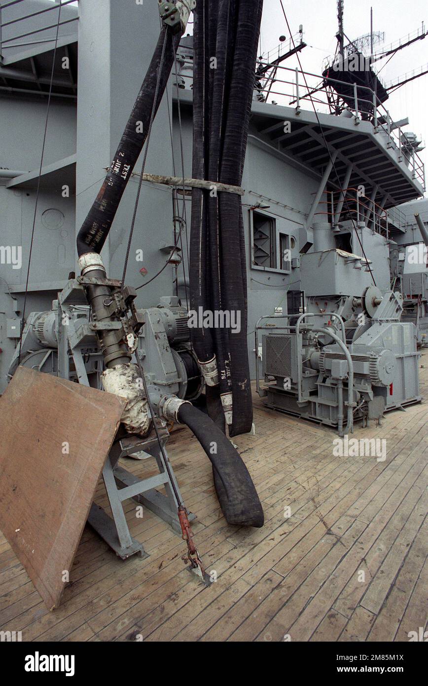 The underway replenishment station on the starboard side of the main ...