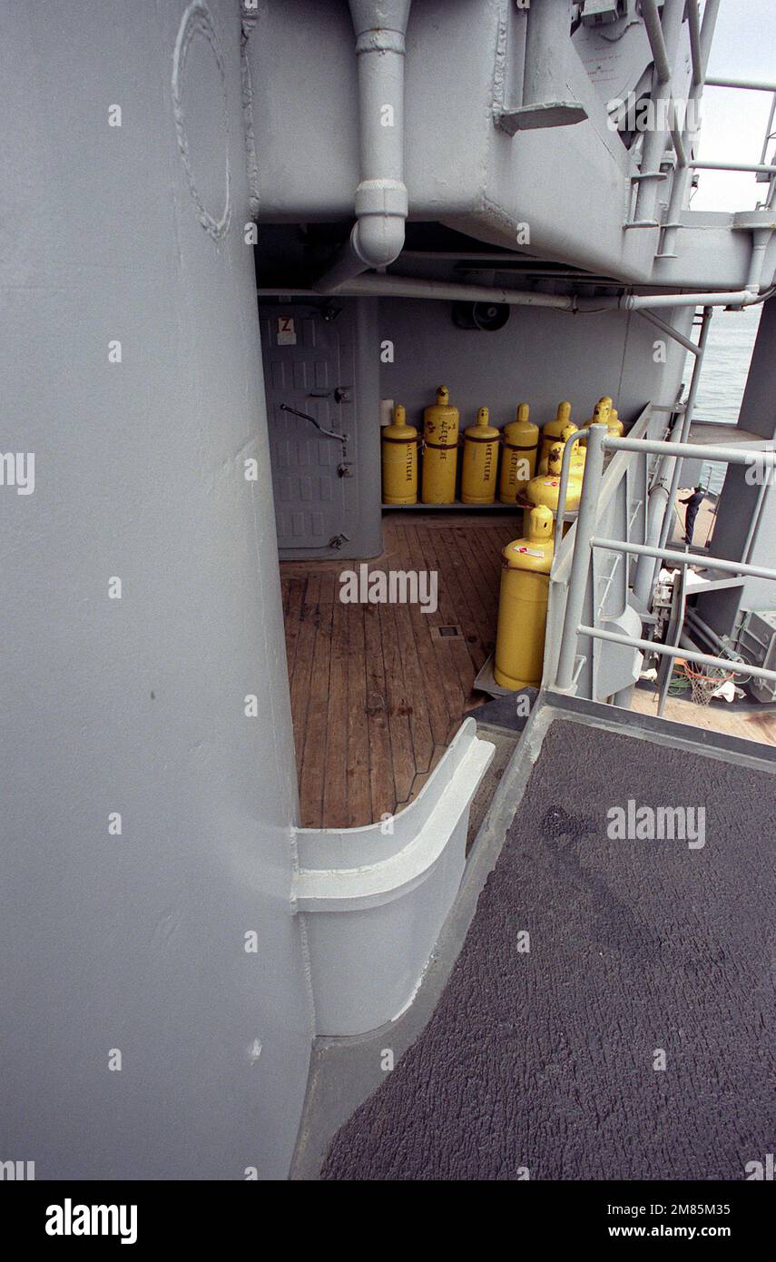 Acetylene bottles in storage on the battleship USS IOWA (BB-61). Base ...