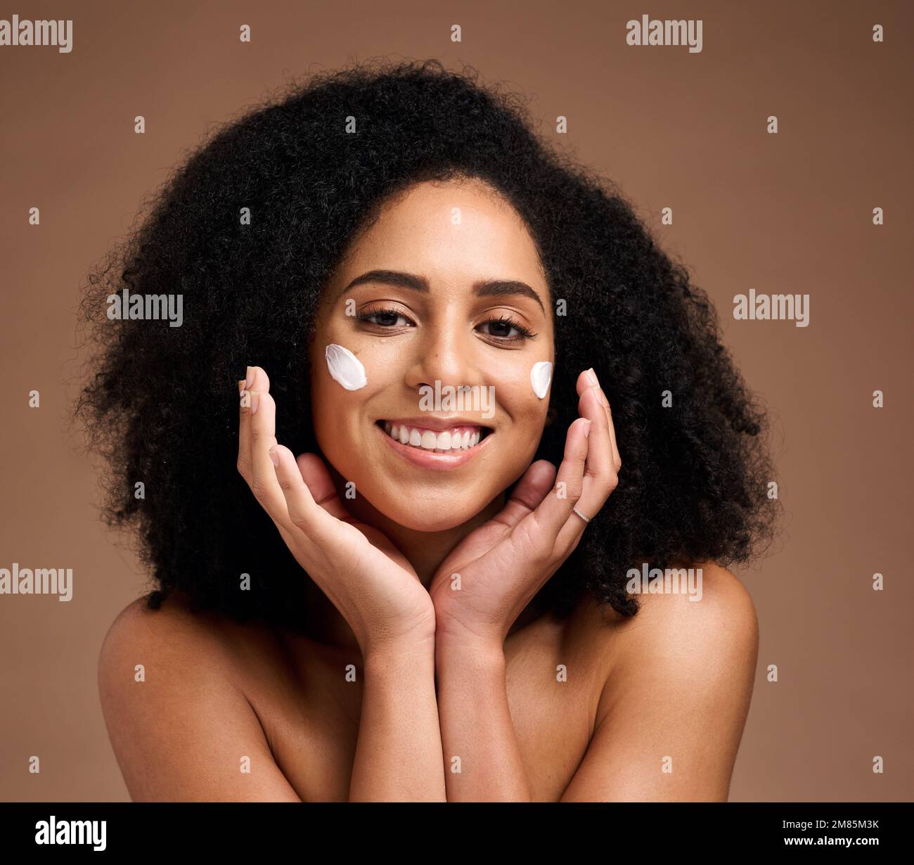 Skincare, sunscreen and black woman in portrait for facial, beauty and ...