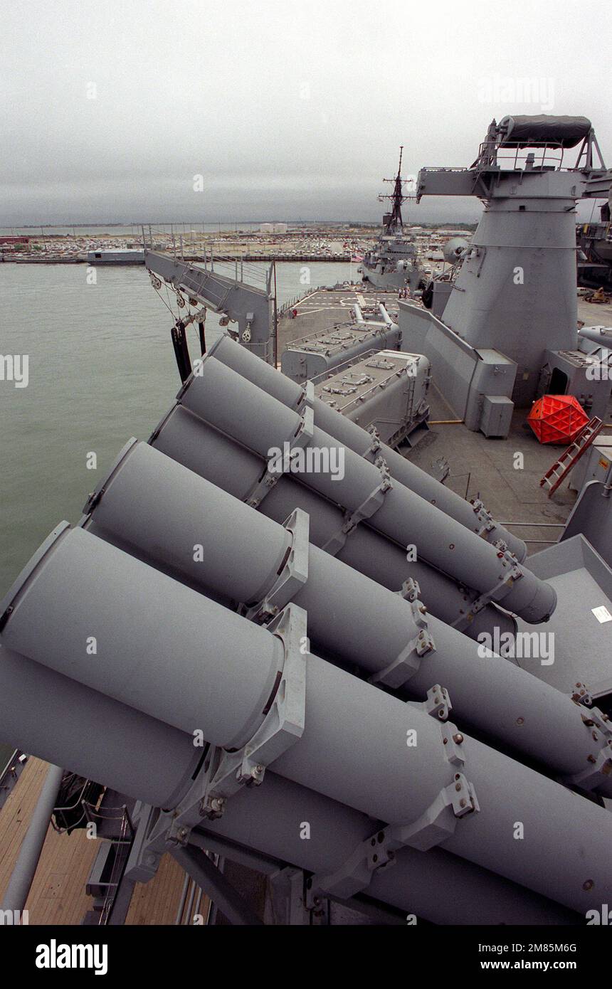 The starboard Mark 141 Harpoon surface-to-surface missile canisters ...