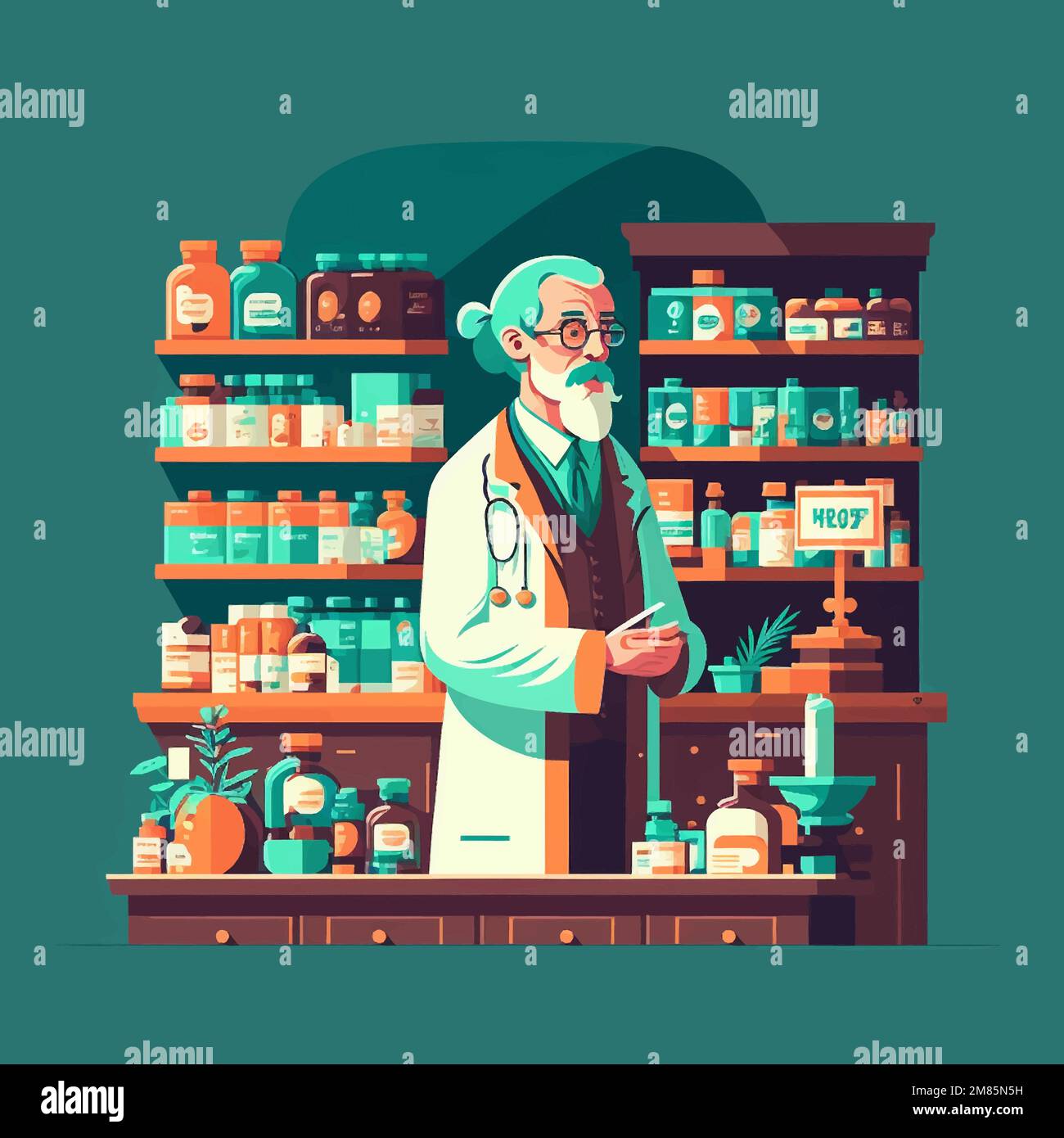 Minimalist illustration of a pharmacist person working in a drugstore ...