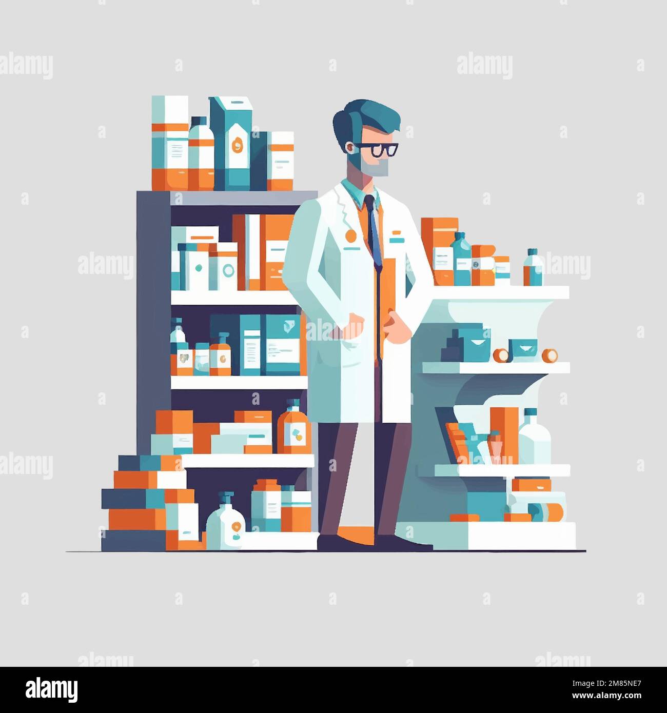 Minimalist illustration of a pharmacist person working in a drugstore ...