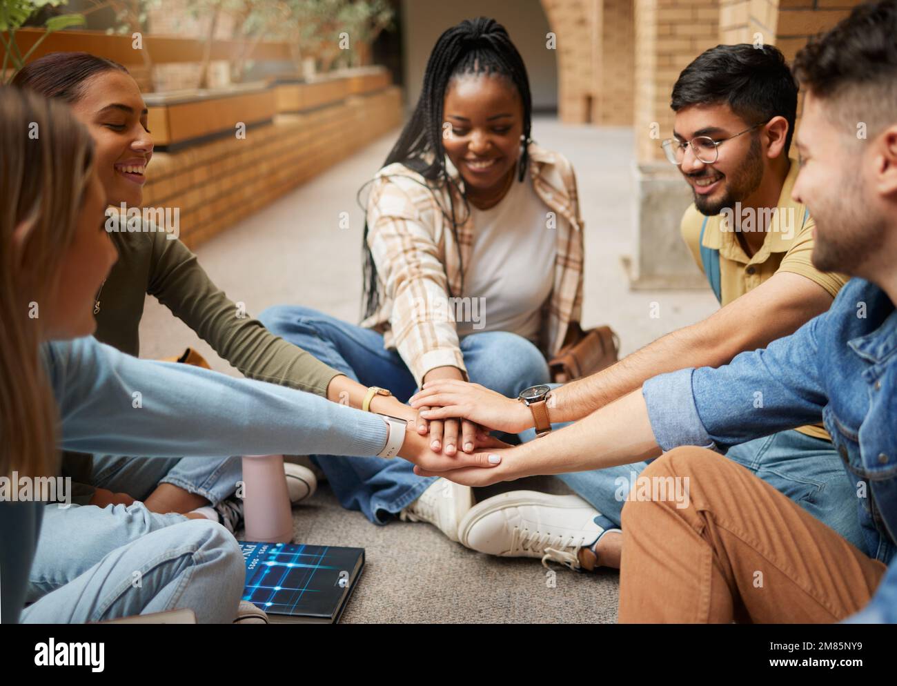 Teamwork, hands and collaboration of students in university for unity ...