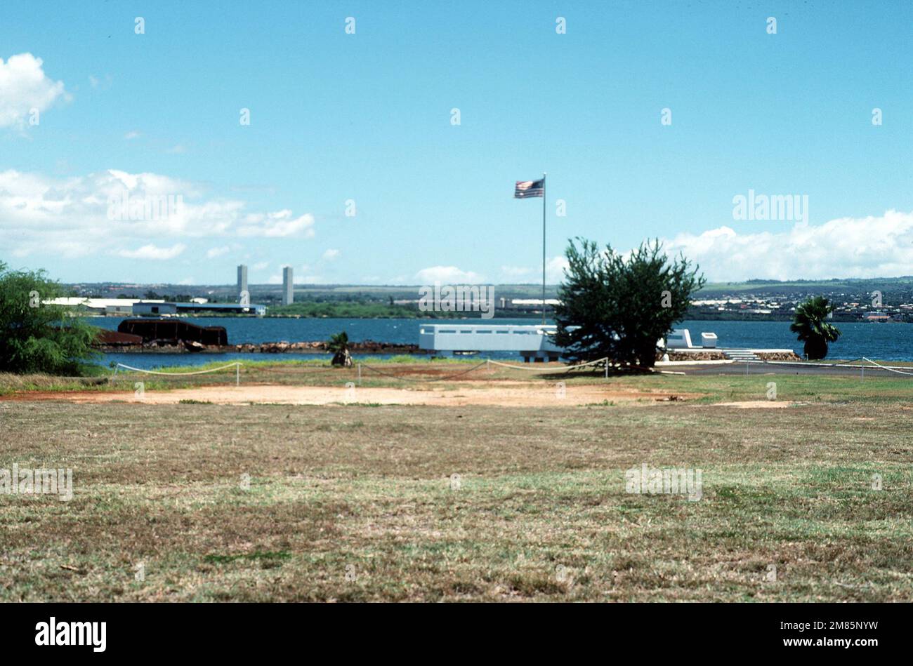 A view of the USS UTAH Memorial, with the wreckage of the ship in the ...