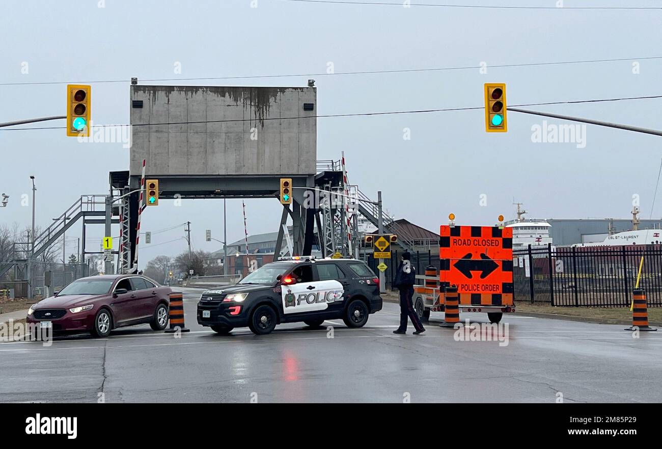 Niagara Regional Police block off a bridge near Lock 1 off the Welland ...