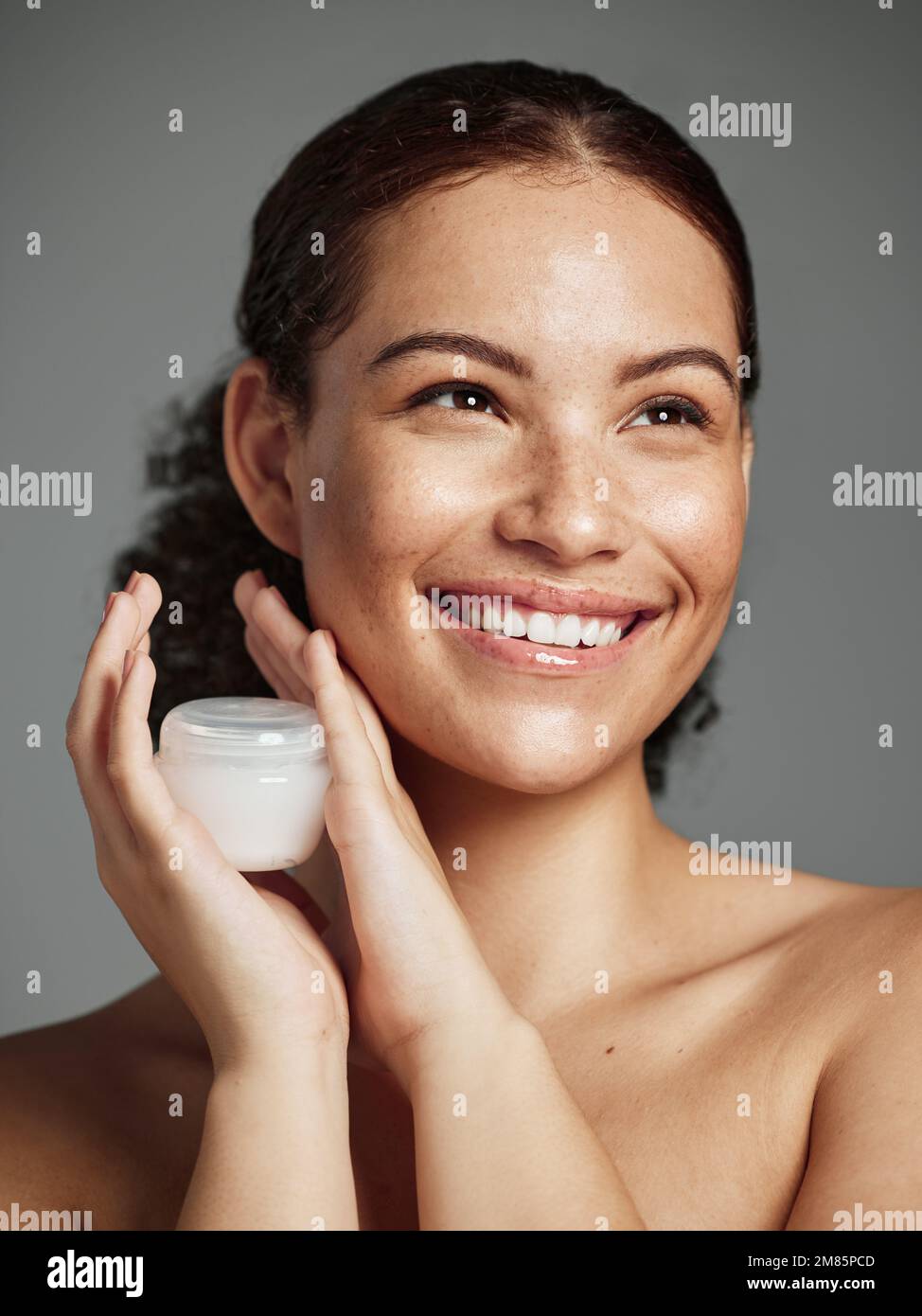 Wellness, aesthetic and facial cream of black woman with healthy beauty ...