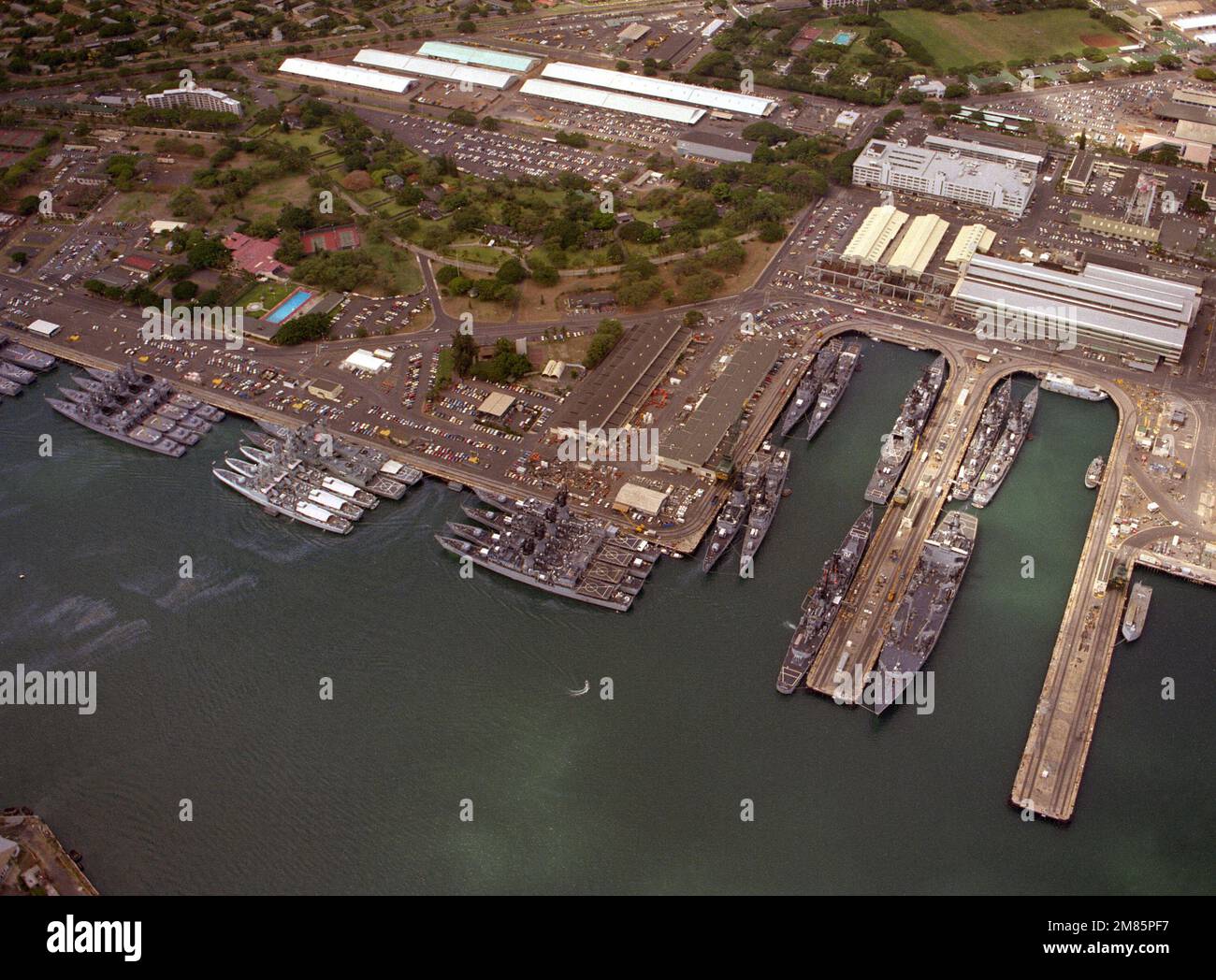 An aerial view of the harbor, looking west-southwest at Bravo piers ...