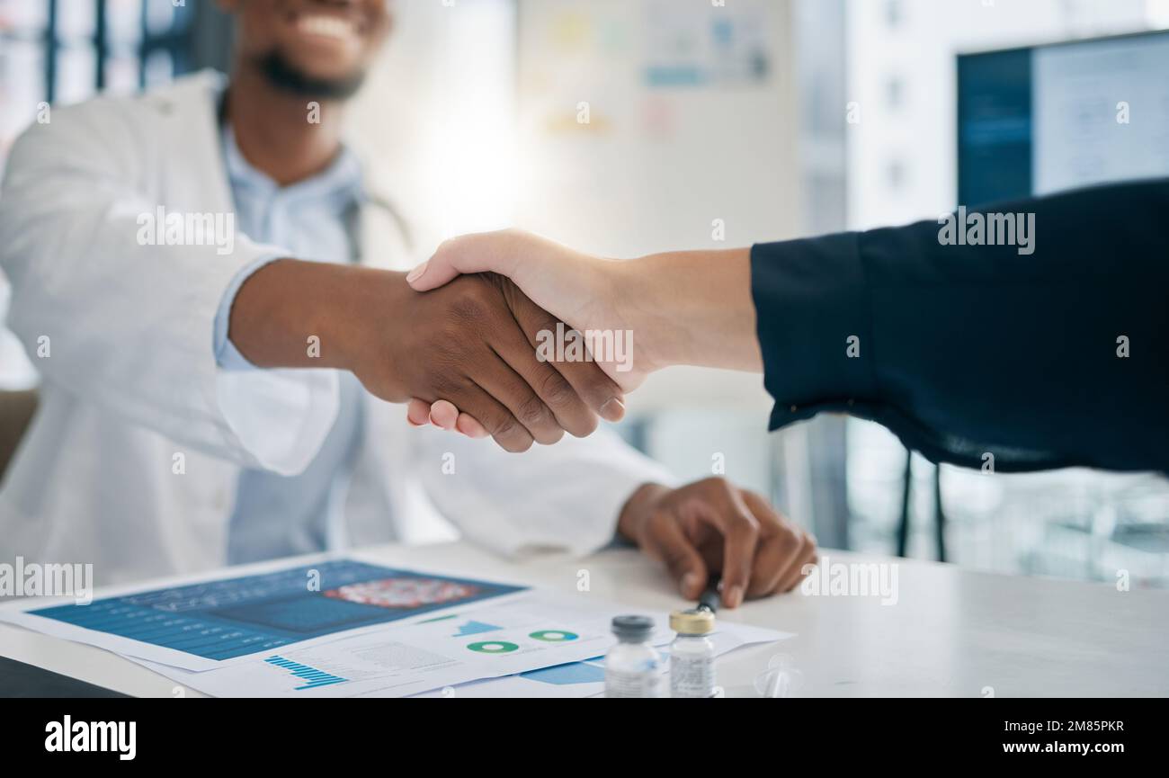 Doctor, handshake and meeting with patient, smile and greeting for vaccination education, talk ...