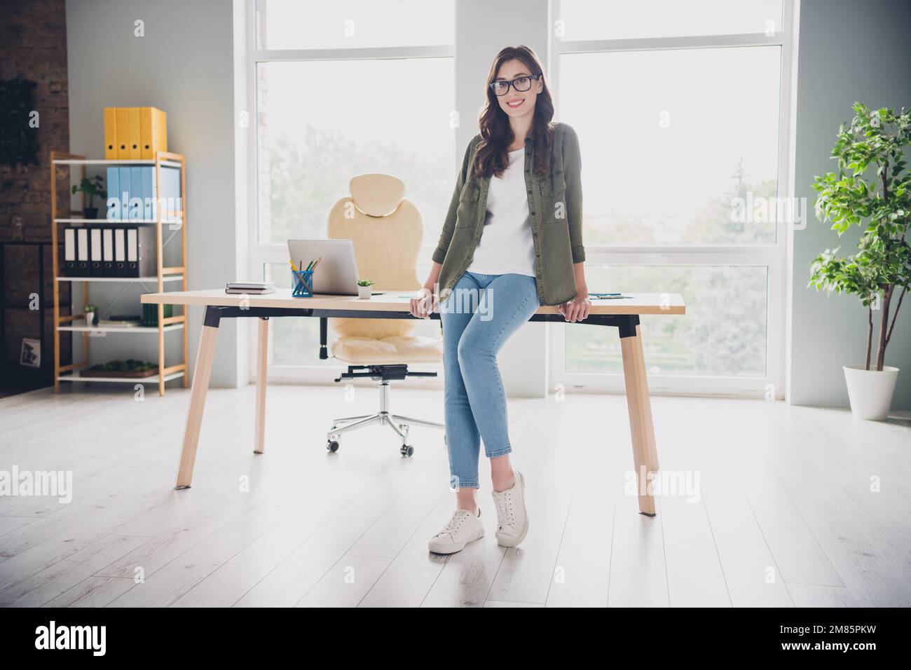 Photo of happy cheerful lady secretary wear glasses smiling sitting ...