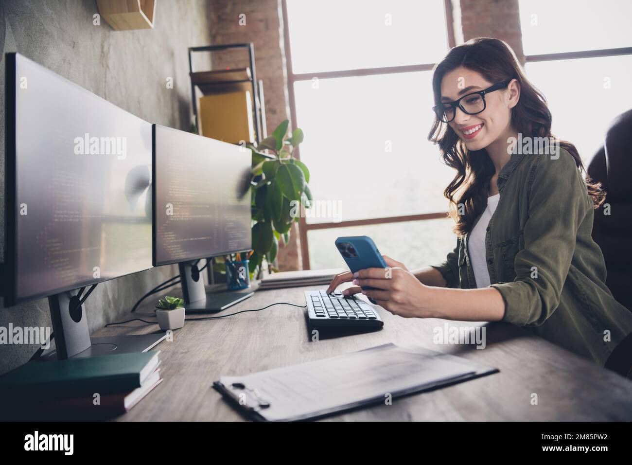 Profile portrait of successful smart web designer girl sit chair ... Profile portrait of successful smart web designer girl sit chair ...