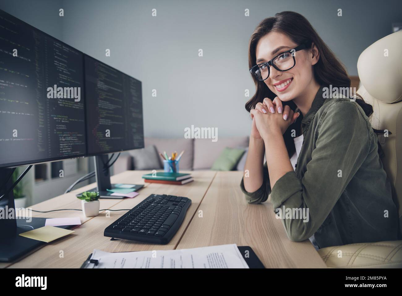 Profile side photo of smart lady successful boss big company sitting ...
