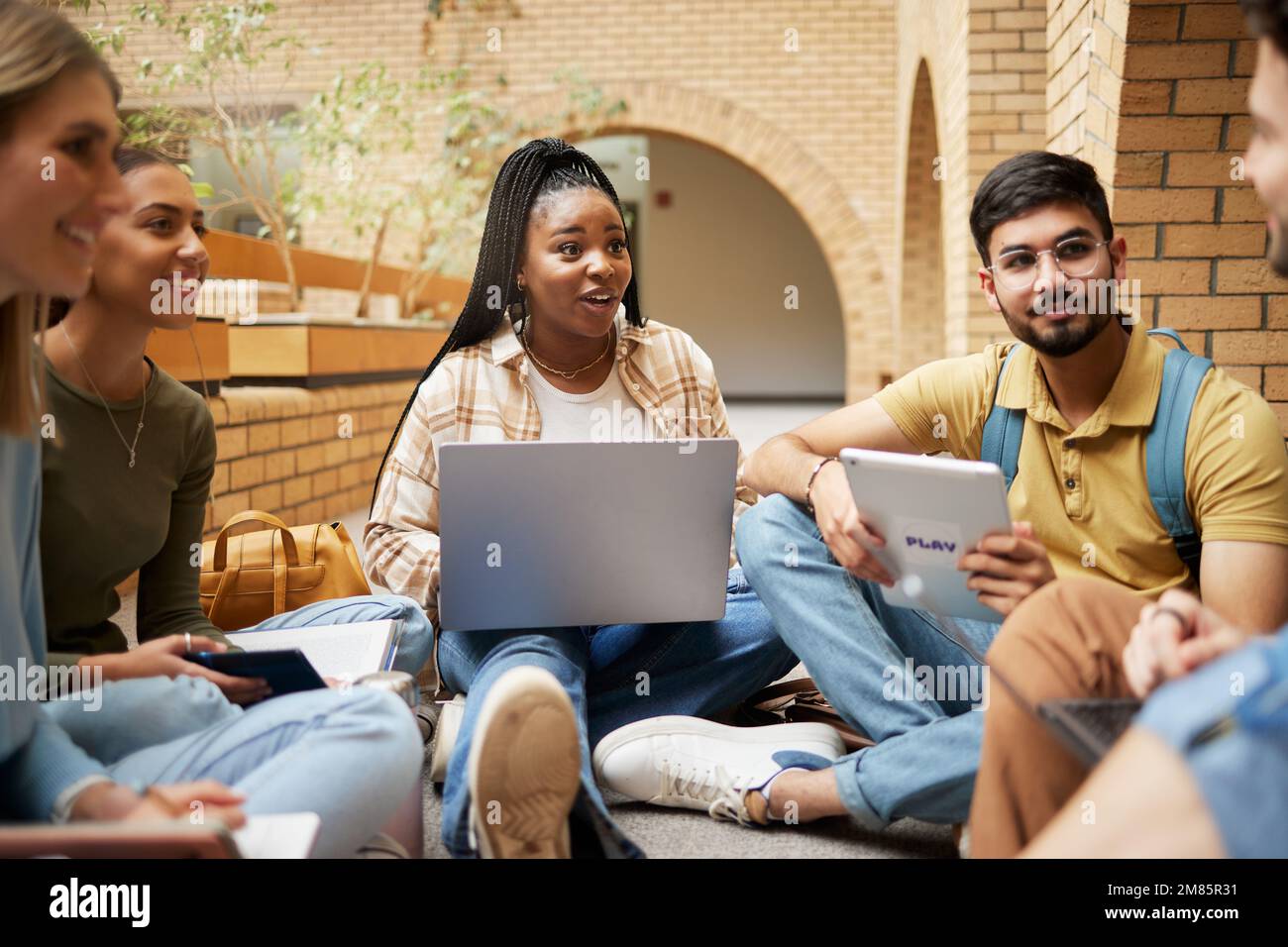 Group studying, university student and communication of research ...