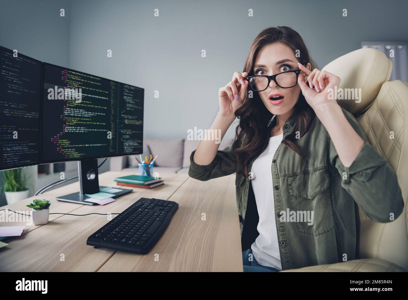 Profile side photo of worried nervous smart lady nerd scared remove ...