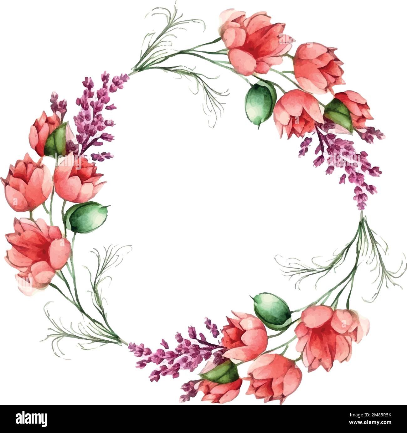 Watercolor sakura wreath. Natural round frame with blossom cherry tree ...