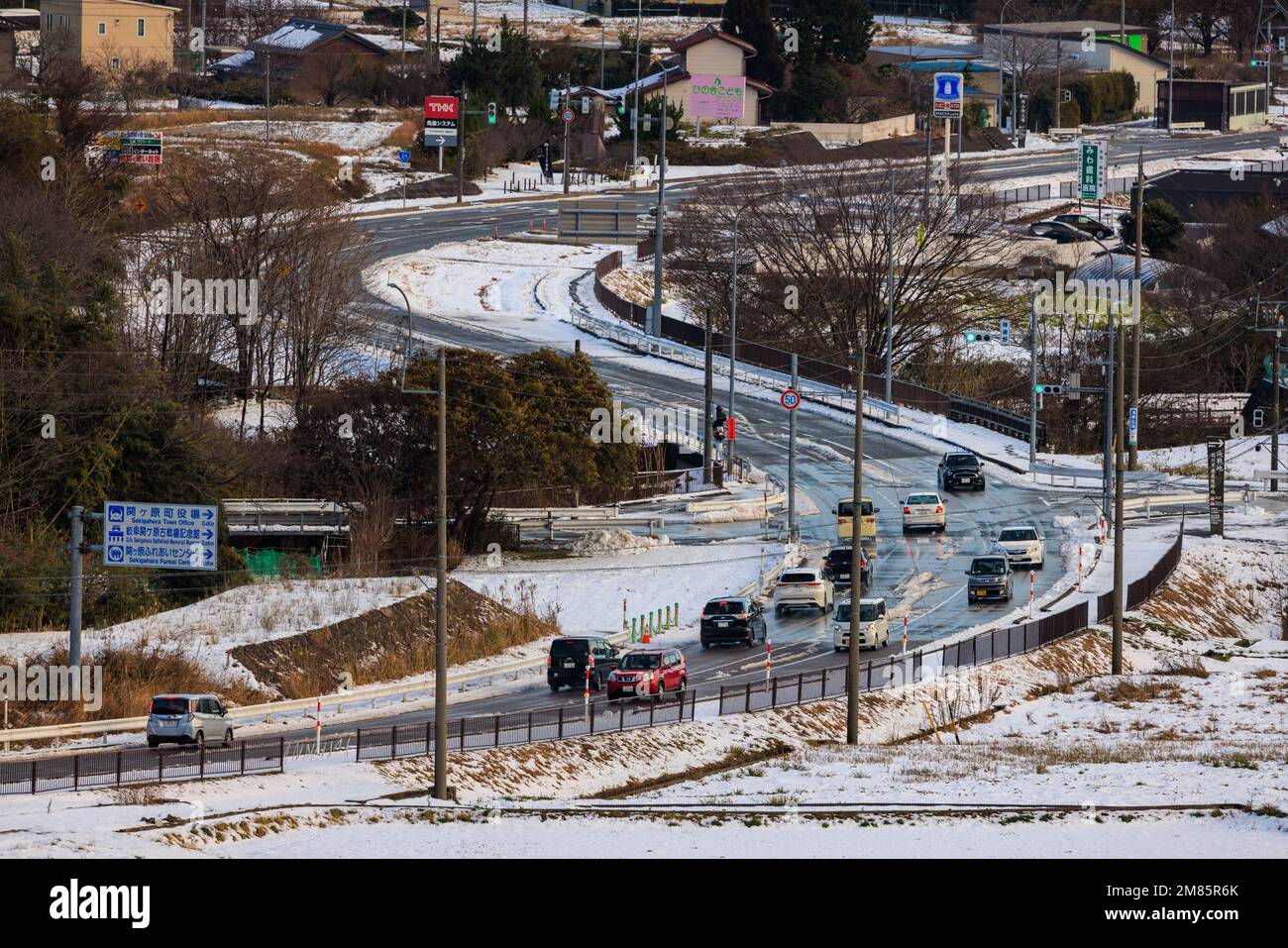 Sekigahara, Japan - December 25, 2022: Light traffic on curved road ...