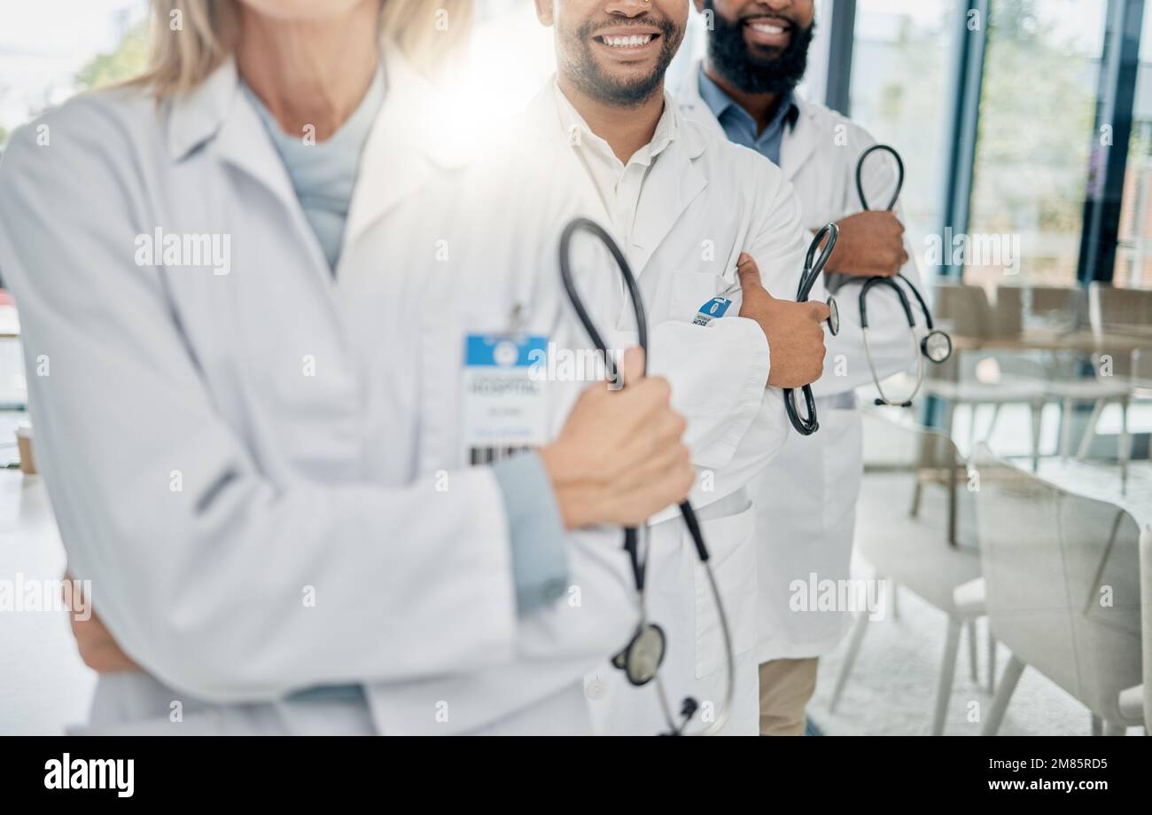 Healthcare, team and hands of doctors with stethoscope for trust ...