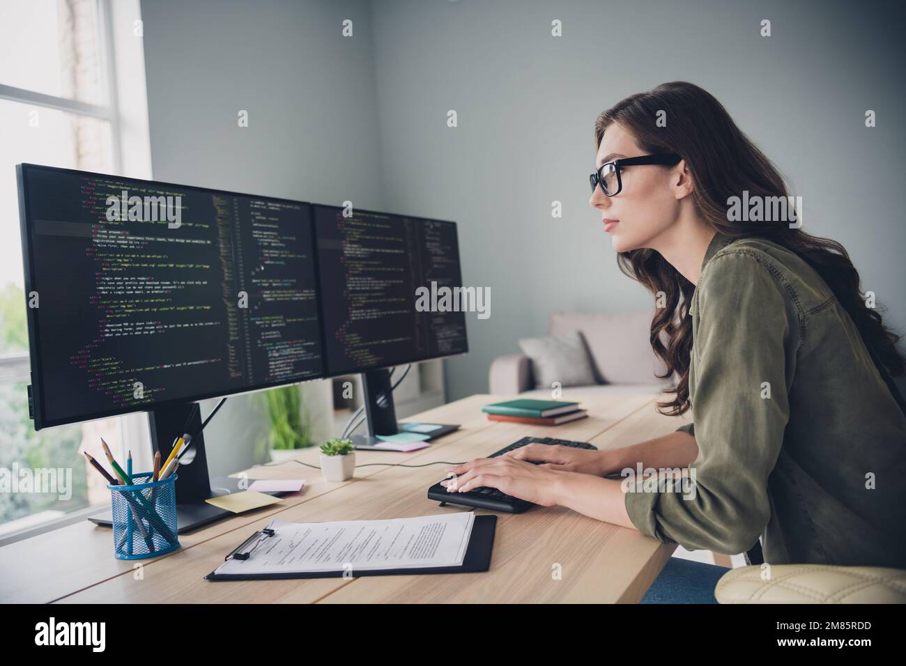 Profile side photo of smart focused lady developing site download ...