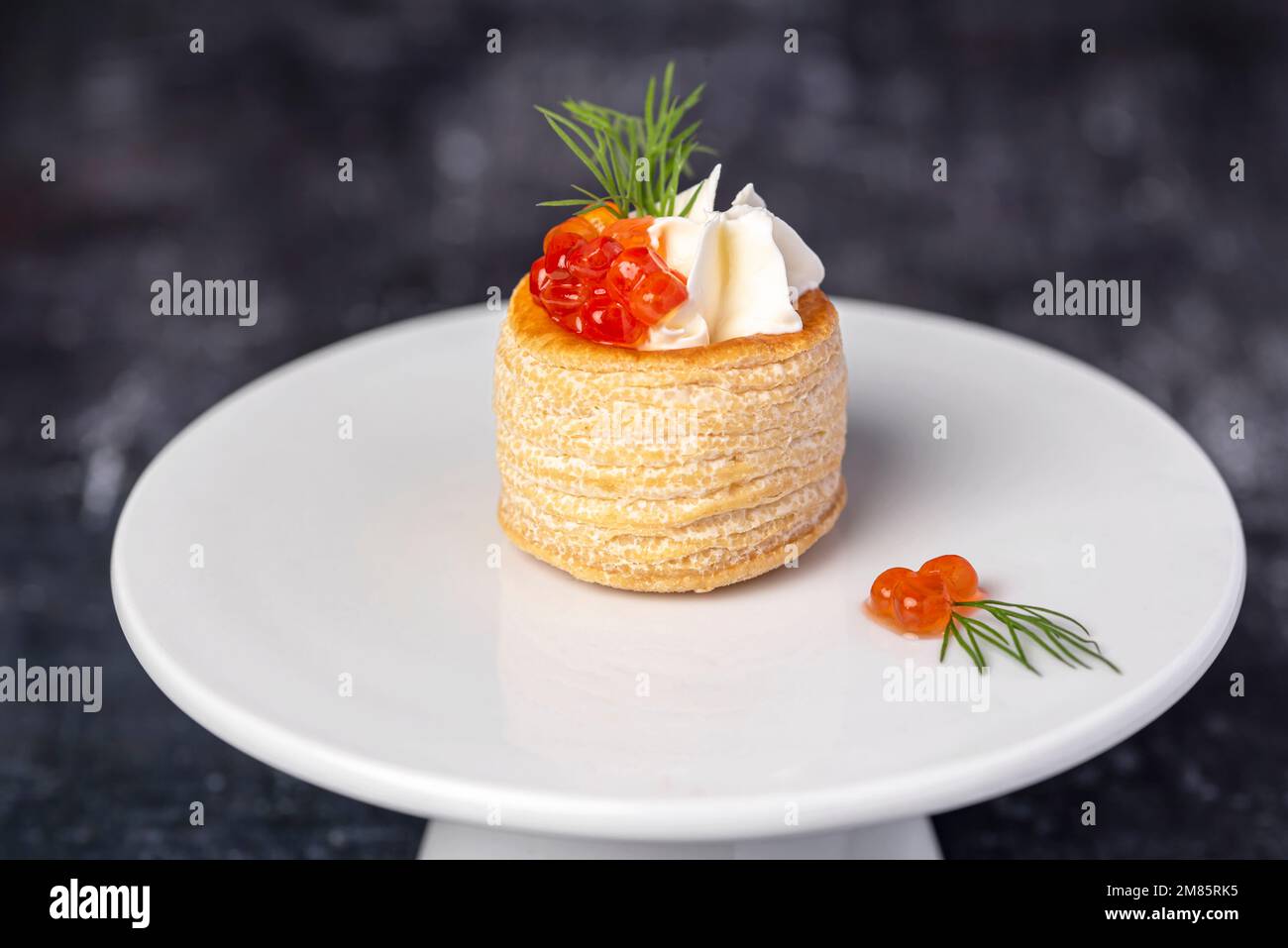 Food photography of starter with caviar, cream, dill, snack, seafood ...