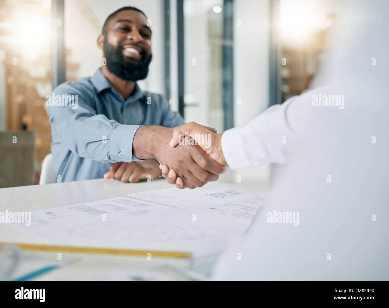 Black man, handshake and architecture with architect hiring, job ...