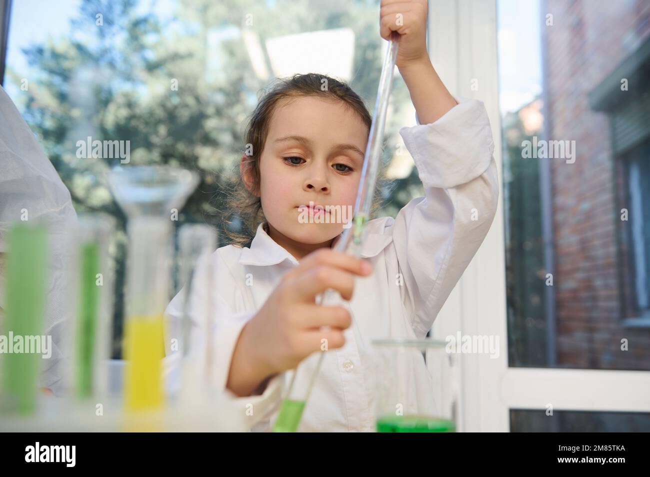 Smart primary school student using pipette, drips reagent into a test ...