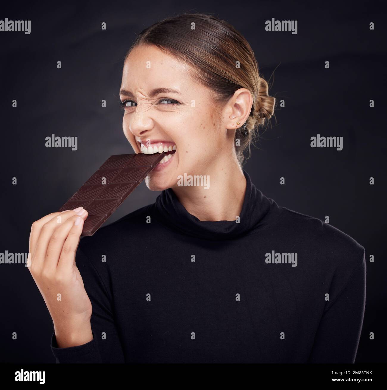 Chocolate, diet and beauty with woman and skincare with healthy candy ...